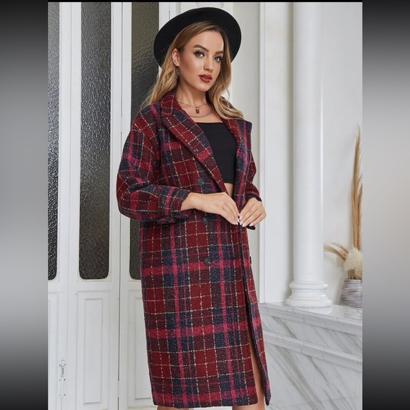 SHEIN | Jackets & Coats | Plaid Tartan Wool Coat Double Breasted Medium ...